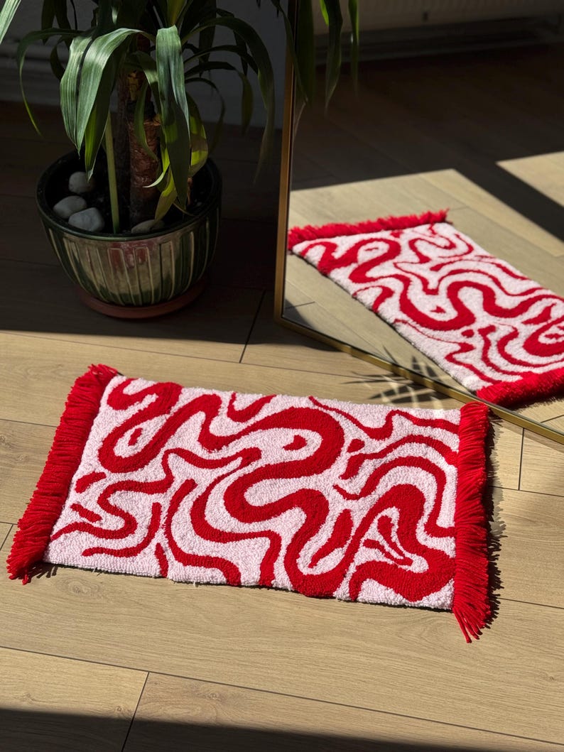Red and Baby Pink Tufted Rug – Handmade Soft Color Block Carpet ...