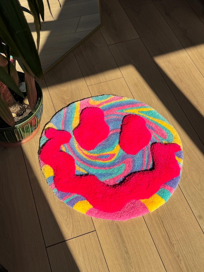 Handmade 3D Smiley Face Tufted Rug Colorful Round Swirl Carpet Funky ...