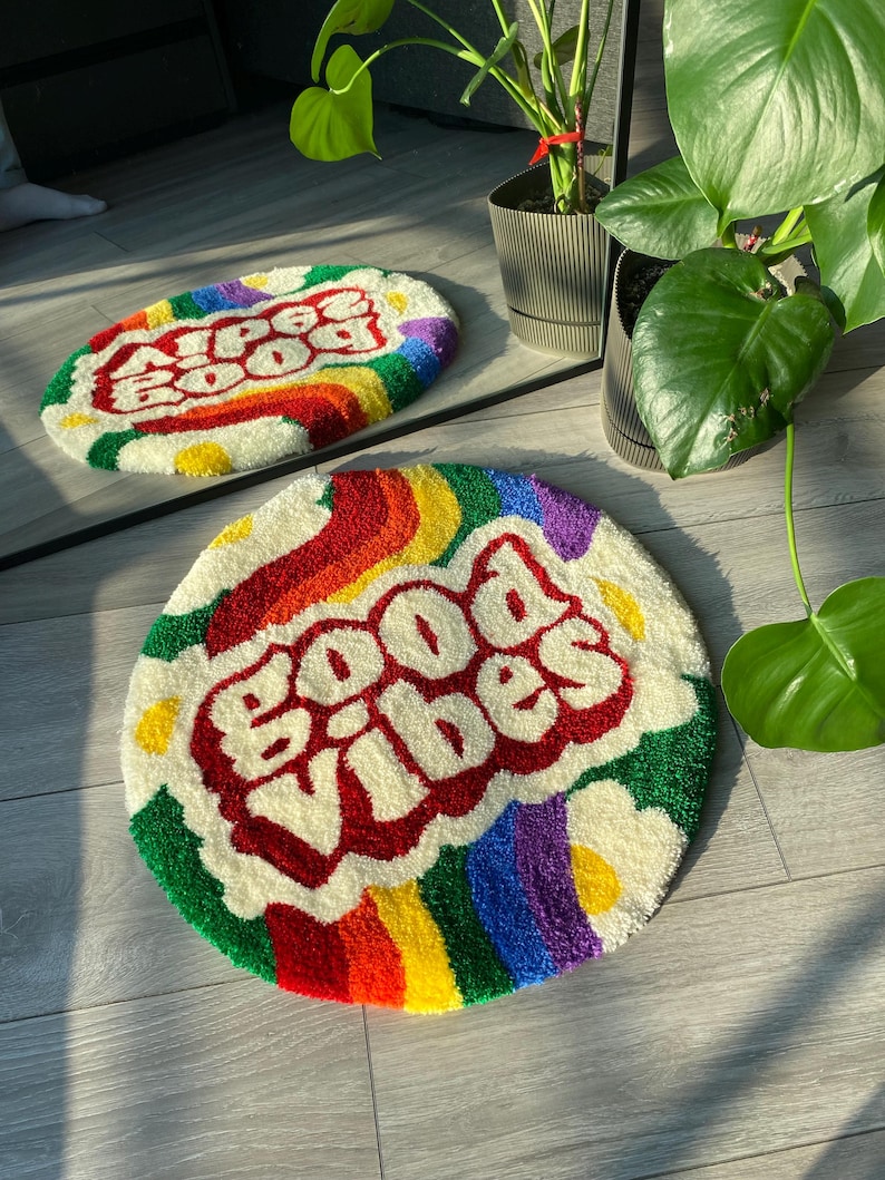 Retro 'good Vibes' Texted Fluffy Handmade Tufted Rug - Etsy