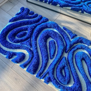 3D Navy Blue & White Abstract Tufted Rug Unique Abstract Art Rug ...