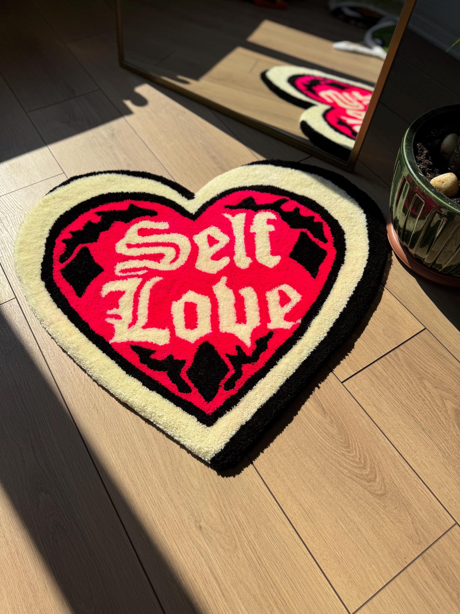 Handmade Self Love Heart Tufted Rug Bold Lettering Gothic Pink Red ...