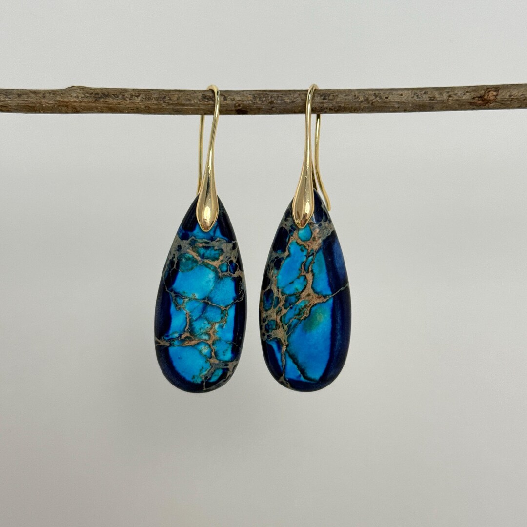 Blue Gemstone Earrings, Natural Stone Jasper Teardrop Earrings ...