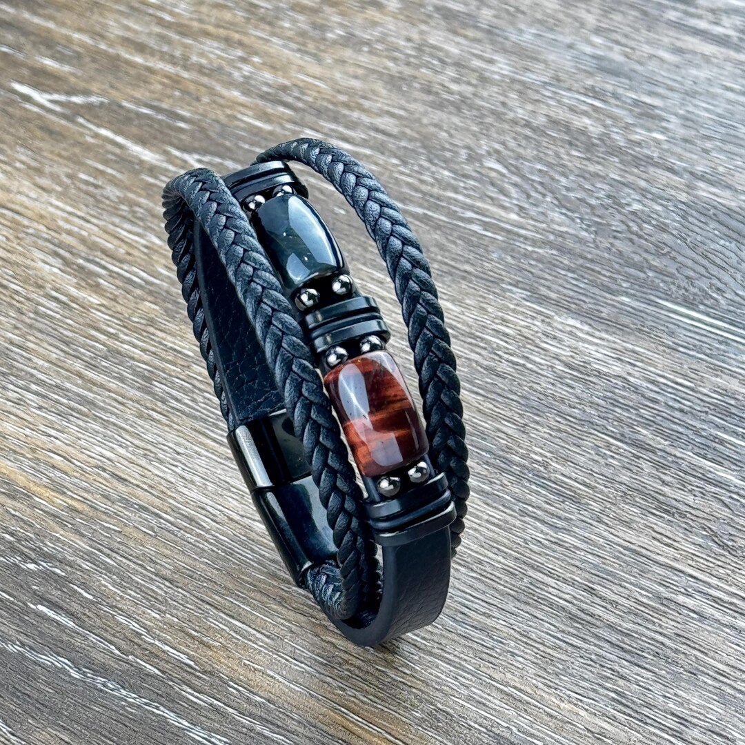 Tiger Eye Stone Bracelet for Men: Braided Leather, Protection - Etsy