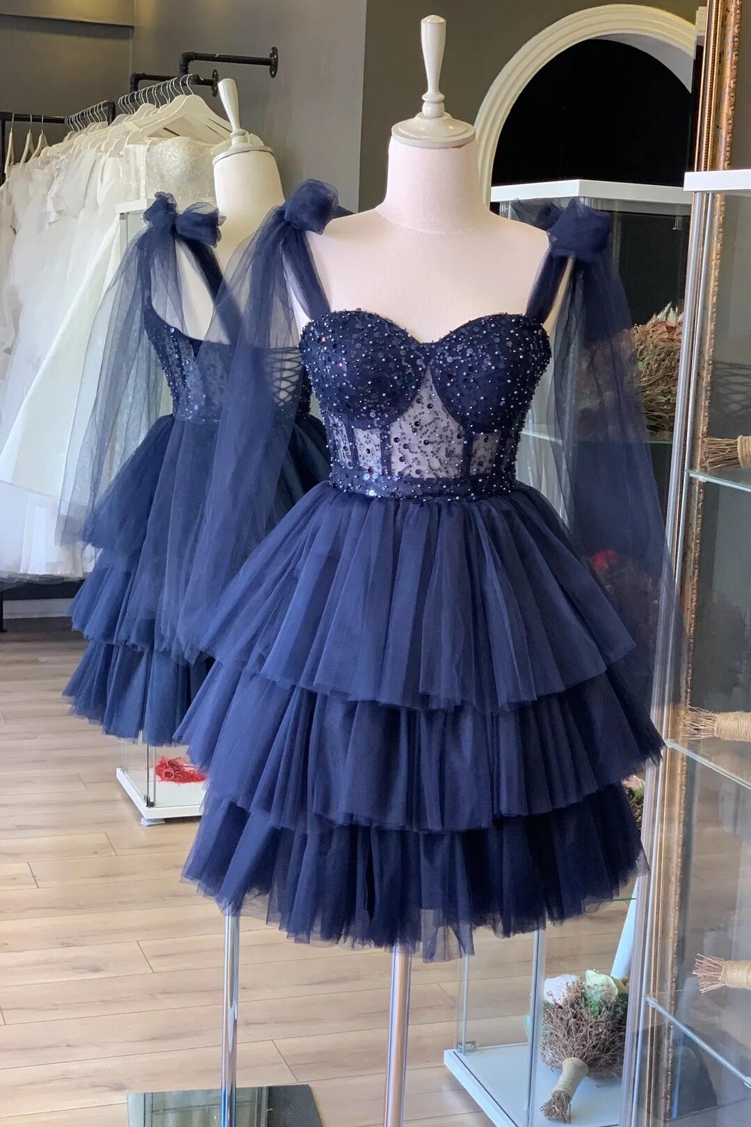 Blue Mini Party Dress With Adjustable Tulle Straps Navy Blue ...
