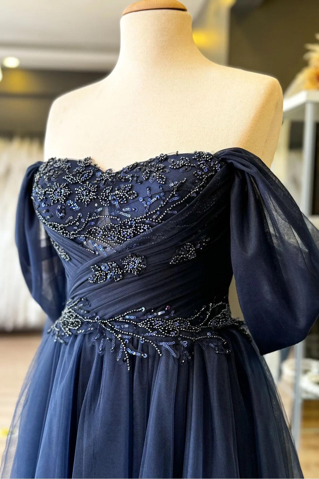 Midi Navy Blue Draped Dress With Floral Lace Details – Evening and ...