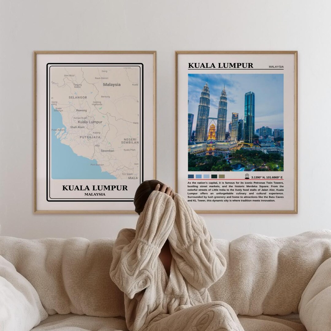Kuala Lumpur Malaysia Poster Set, Digital Map and Cityscape Digital Art ...