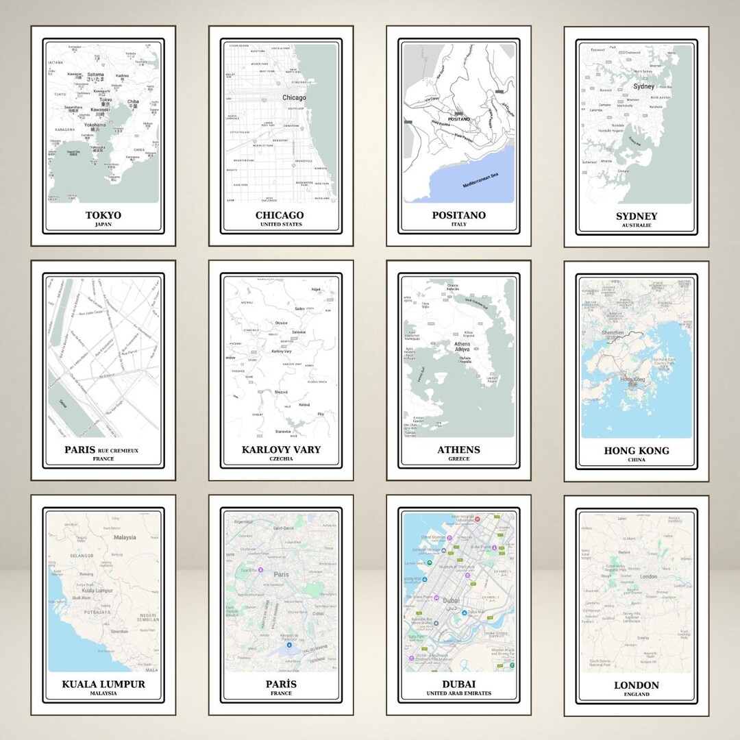 12 Hight Quality World Travel Wall Art, Colorful City Art Maps, Vintage ...