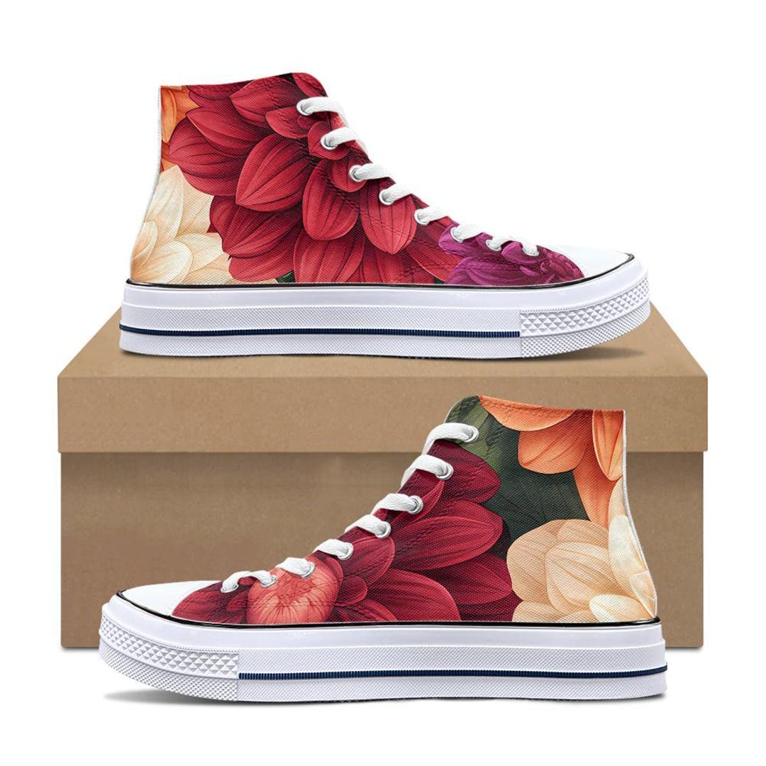 High Top Trendy Sneakers, Floral Pattern Canvas Shoes, Fashionable ...
