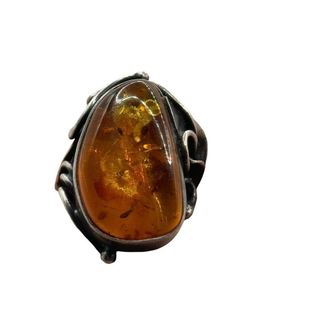 Vintage Sterling Silver Amber Ring Size 6.75 Lily Flower Ornate ...