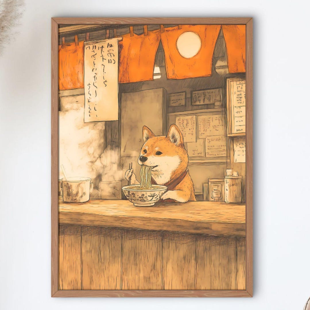 Shiba Inu Ramen Illustration - Hand-drawn Style Vintage Showa Era Art ...