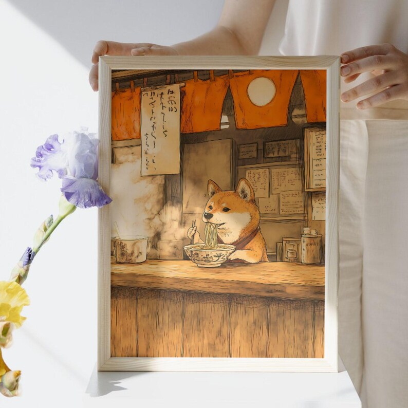 Shiba Inu Ramen Illustration - Hand-drawn Style Vintage Showa Era Art ...