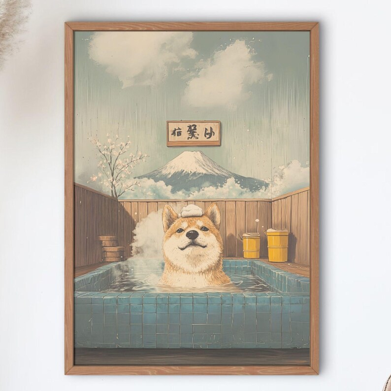 Shiba Inu Bathhouse Poster | Japanese Vintage Art | Mt. Fuji and Cherry ...