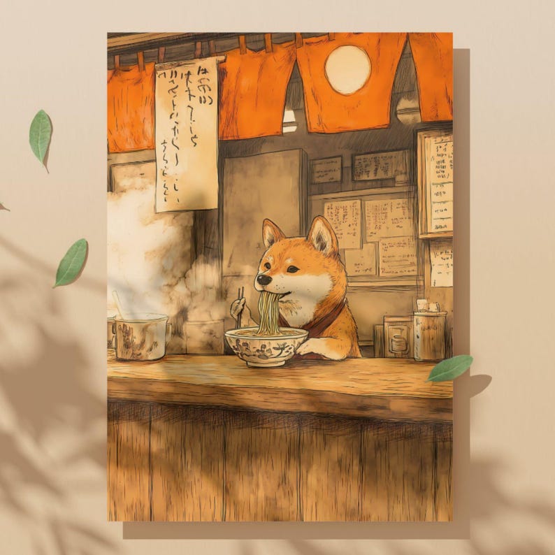 Shiba Inu Ramen Illustration - Hand-drawn Style Vintage Showa Era Art ...