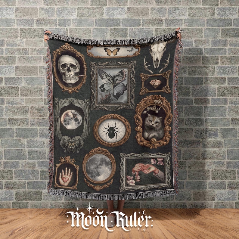 Picture Frame Gothic Curiosity Cabinet Woven Tapestry Blanket Dark Academia Decor Spooky Throw ...
