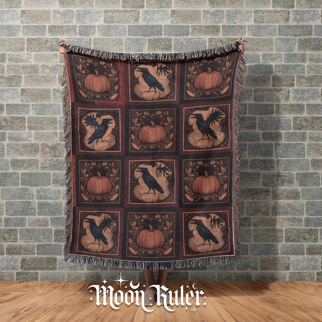 Rustic Crow and Pumpkin Woven Blanket Halloween Tapestry Throw Gothic ...