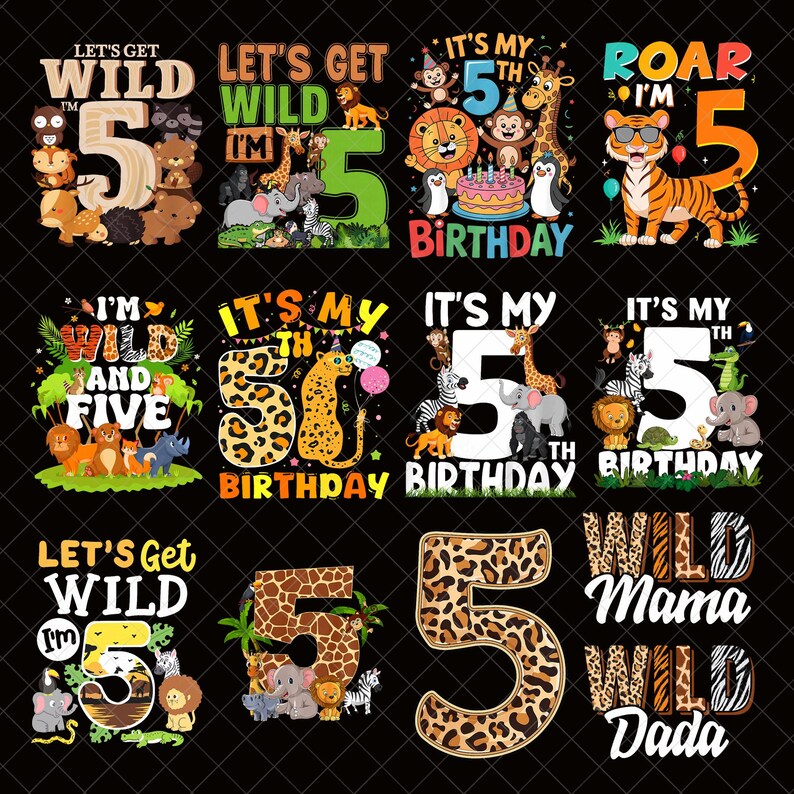 Young Wild and Five PNG Bundle, Safari Jungle 5th Birthday Clipart, Let ...