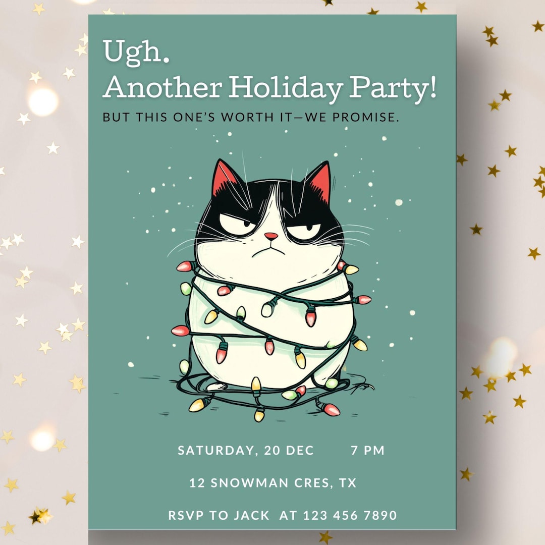 Funny Christmas Party Invitation Editable Cat Theme Holiday Invite ...