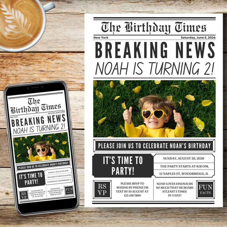 Newspaper Birthday Invitation Photo Editable Vintage Birthday Invite ...