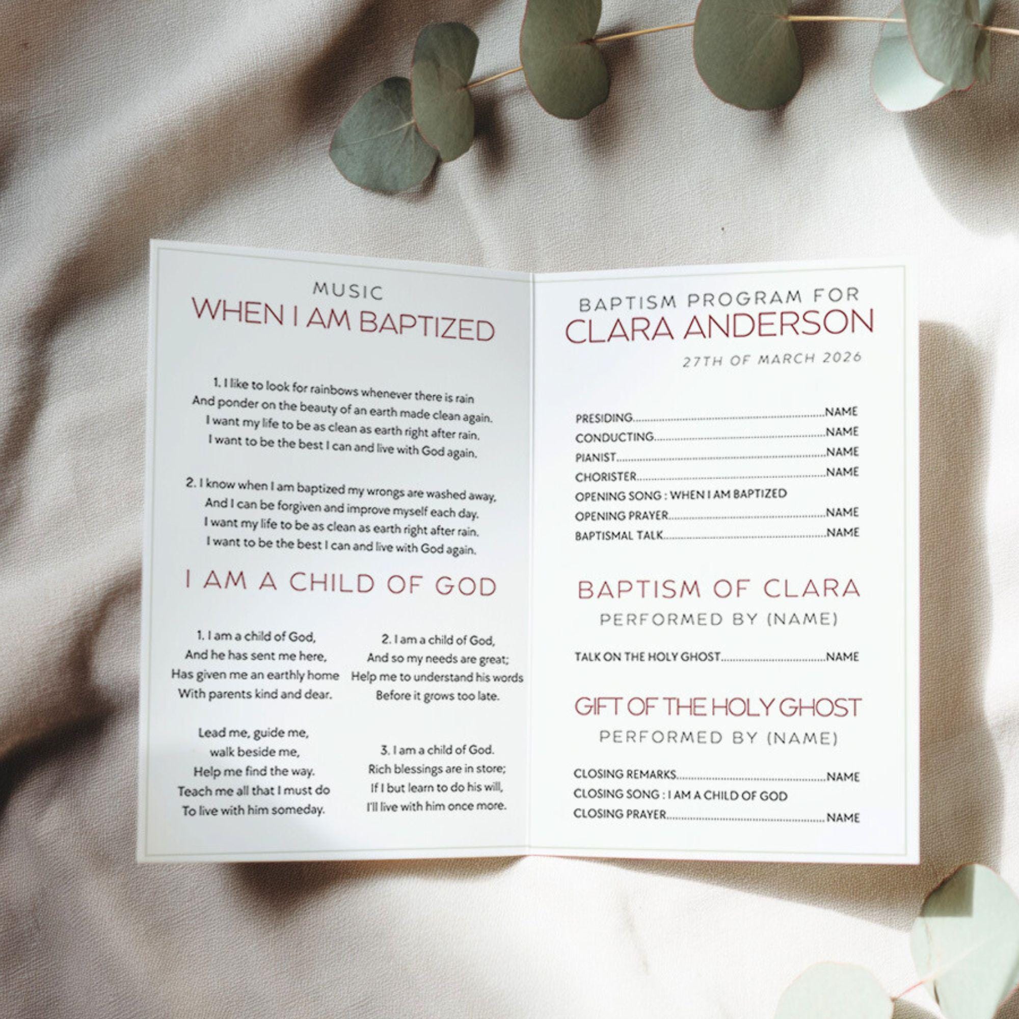 LDS Girl Baptism Program Template Watercolor Baptism Program With ...