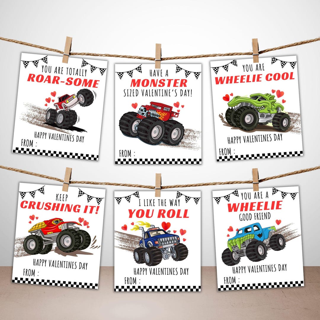 Monster Truck Valentine’s Day Cards for Kids, Funny Classroom ...