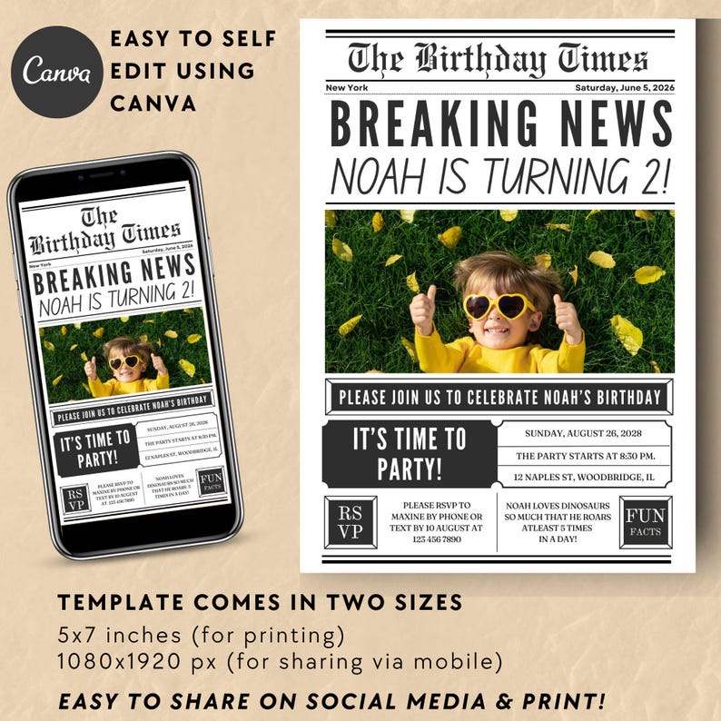 Newspaper Birthday Invitation Photo Editable Vintage Birthday Invite ...
