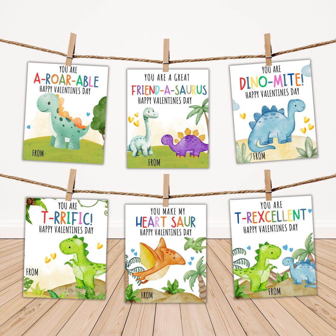 Dinosaur Valentine Cards for Kids Editable Canva Classroom Valentine ...