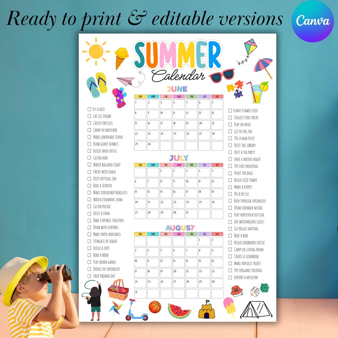 Summer Calendar Printable Kids Summer Activities Calendar Summer ...