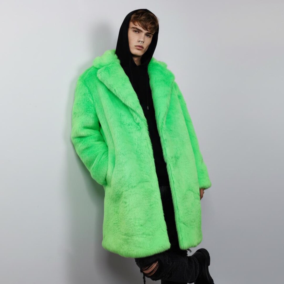 Neon Green Faux Fur Trench, Brat Style Coat, 90s Psychedelic Jacket ...