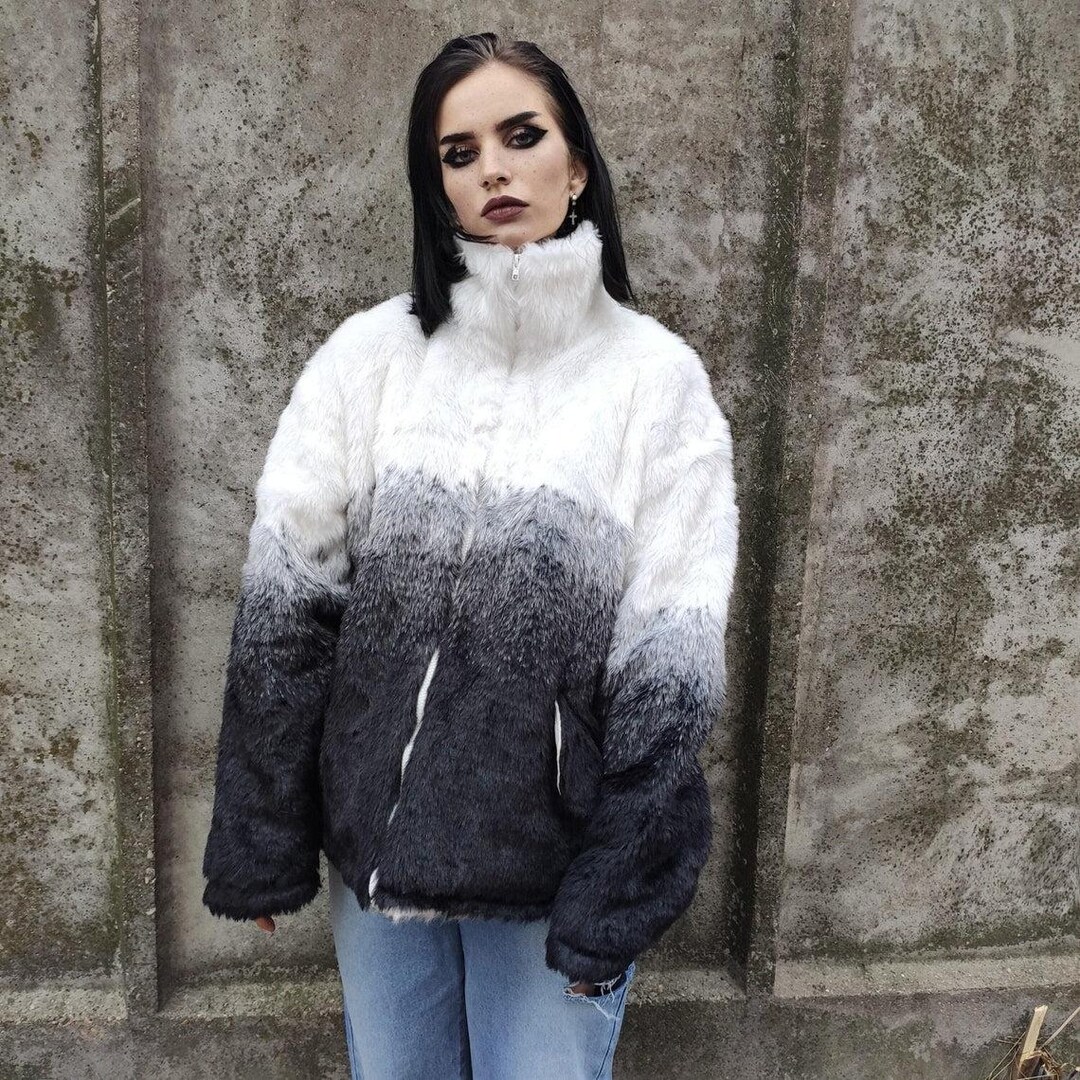 Gradient Faux Fur Jacket Tie-dye Fluffy Bomber Festival Varsity Jacket ...