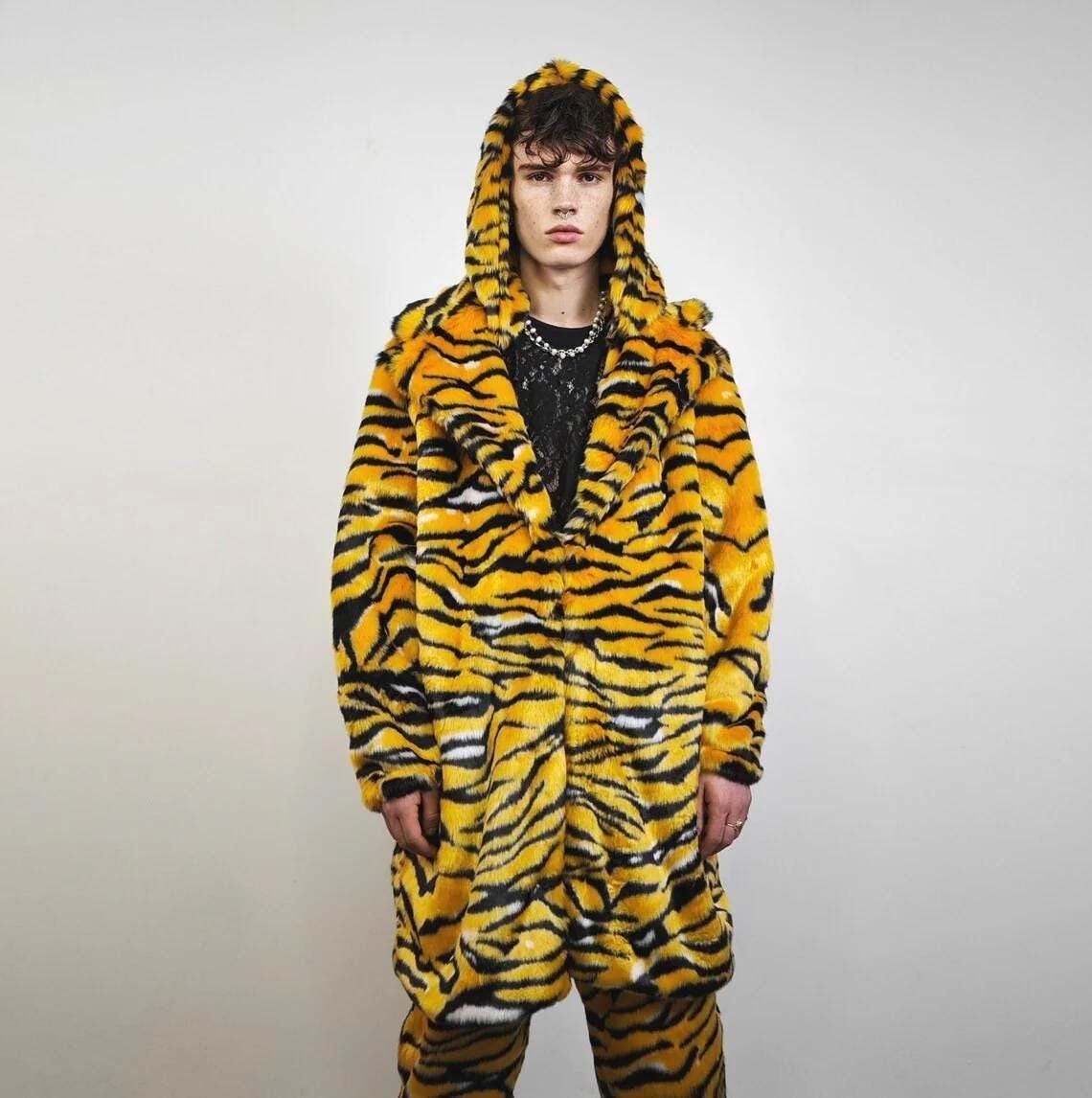 Bengal Tiger Long Coat Faux Fur Trench Animal Pattern Jacket 00s Safari ...