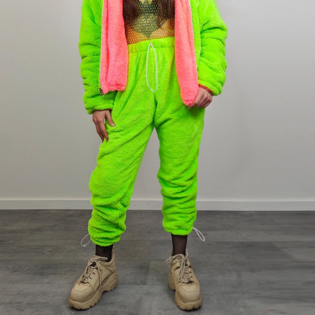 Neon Green Fleece Joggers Rave Pants Fluorescent Trousers Carnival ...
