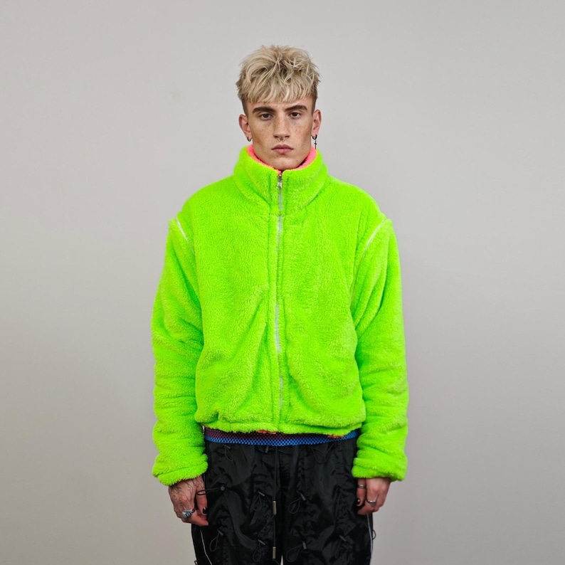 Neon Green Fleece Rave Jacket Reversible Fluorescent Hooded Party ...