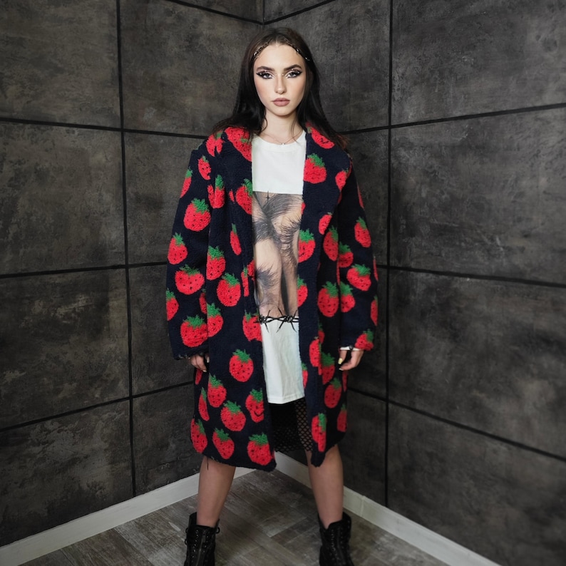 Retro Fleece Coat Red Black Strawberry Print Psychedelic Trench Rave ...