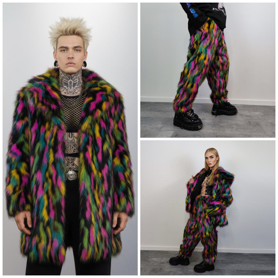 Psychedelic Faux Fur Coat 90s Trench Neon Rave Bomber Fluffy Tie-dye ...