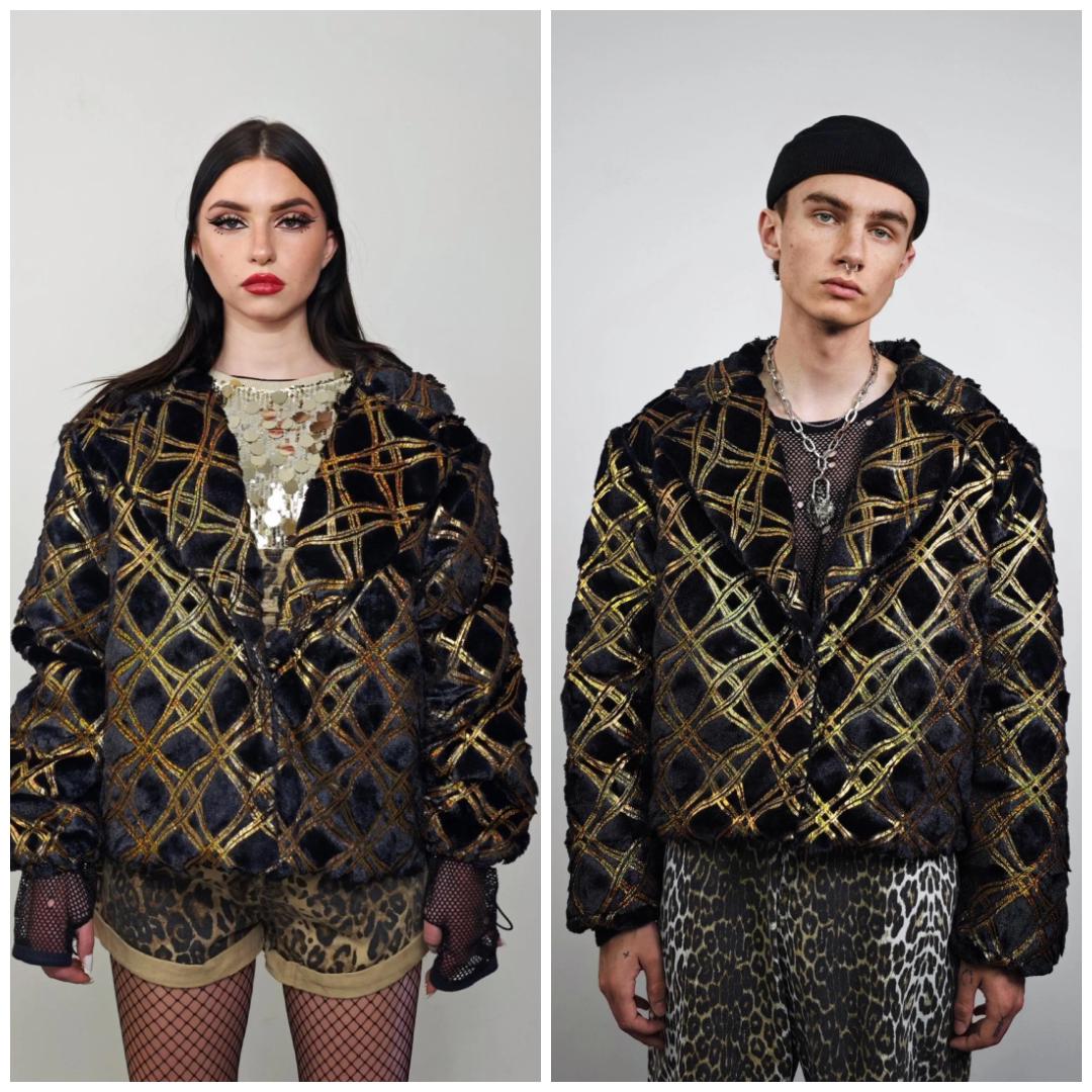 Cropped Going Out Coat Purple Gold Glitter Collarless Jacket Shiny ...
