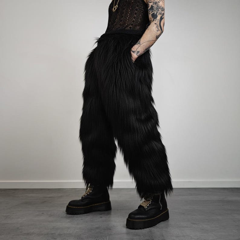 Black Faux Fur Joggers, Shaggy Rave Pants, Fluffy Burner Bottoms, Goth ...