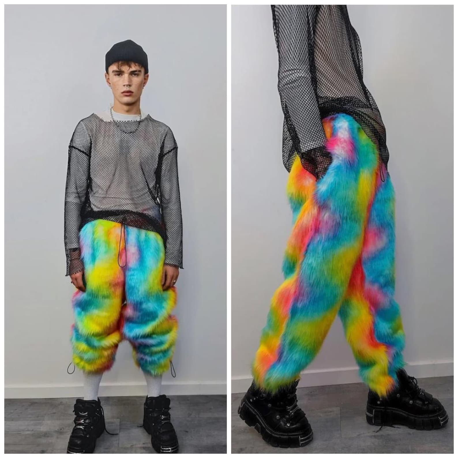 Rainbow Faux Fur Long Coat, Neon Tie-dye Trench, Psychedelic Raver ...