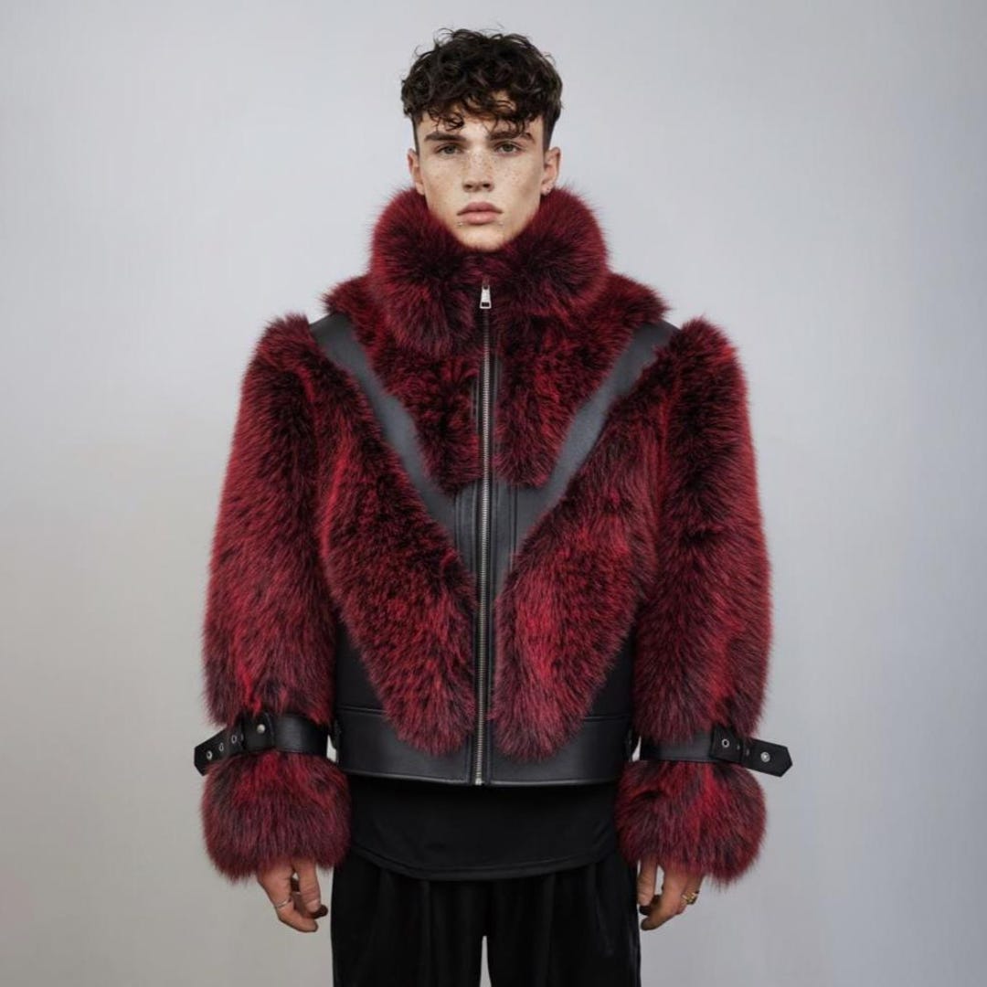 Raised Neck Red Faux Fur Jacket, Geometric Faux Leather Trim Coat ...