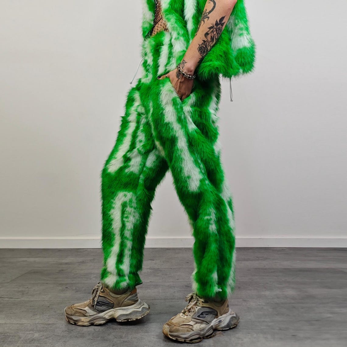 Green Faux Fur Joggers Tie-dye Trousers Abstract Rave Pants Fluffy ...