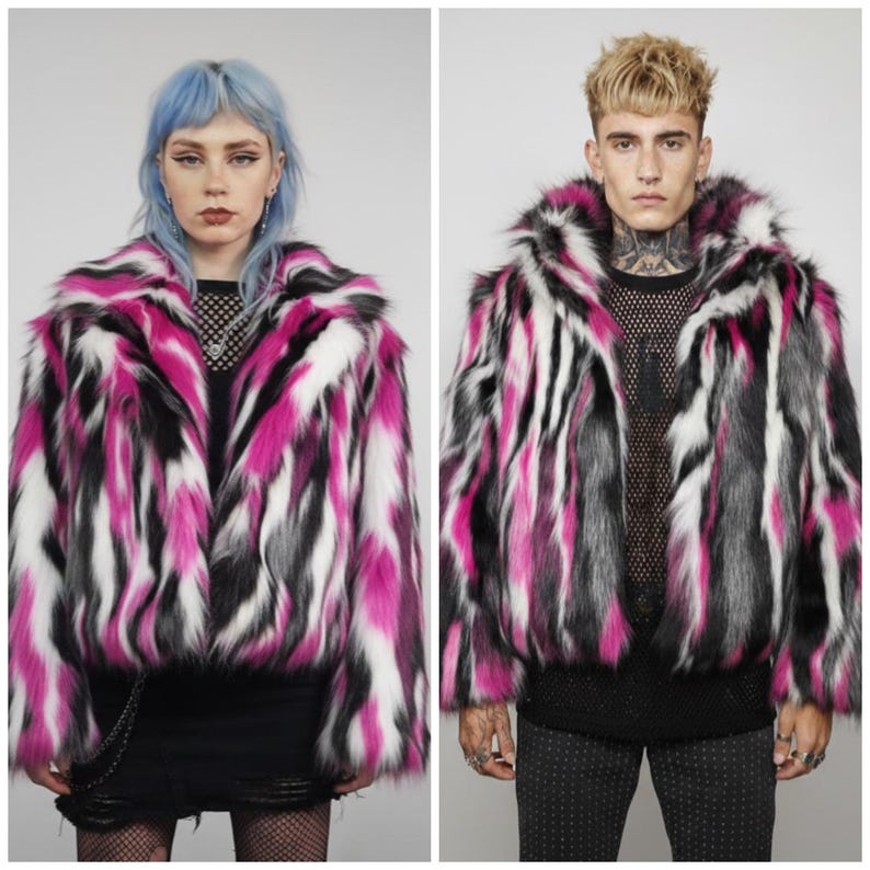 Psychedelic Faux Fur Coat 90s Trench Neon Rave Bomber Fluffy Tie-dye ...