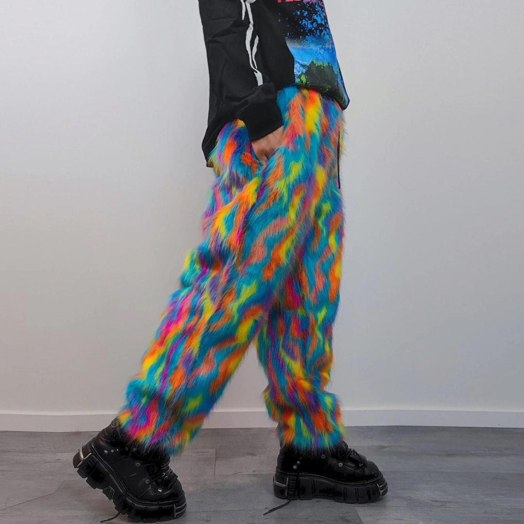 Psychedelic Faux Fur Trousers 70s Joggers Neon Playa Rave Pants Fluffy ...