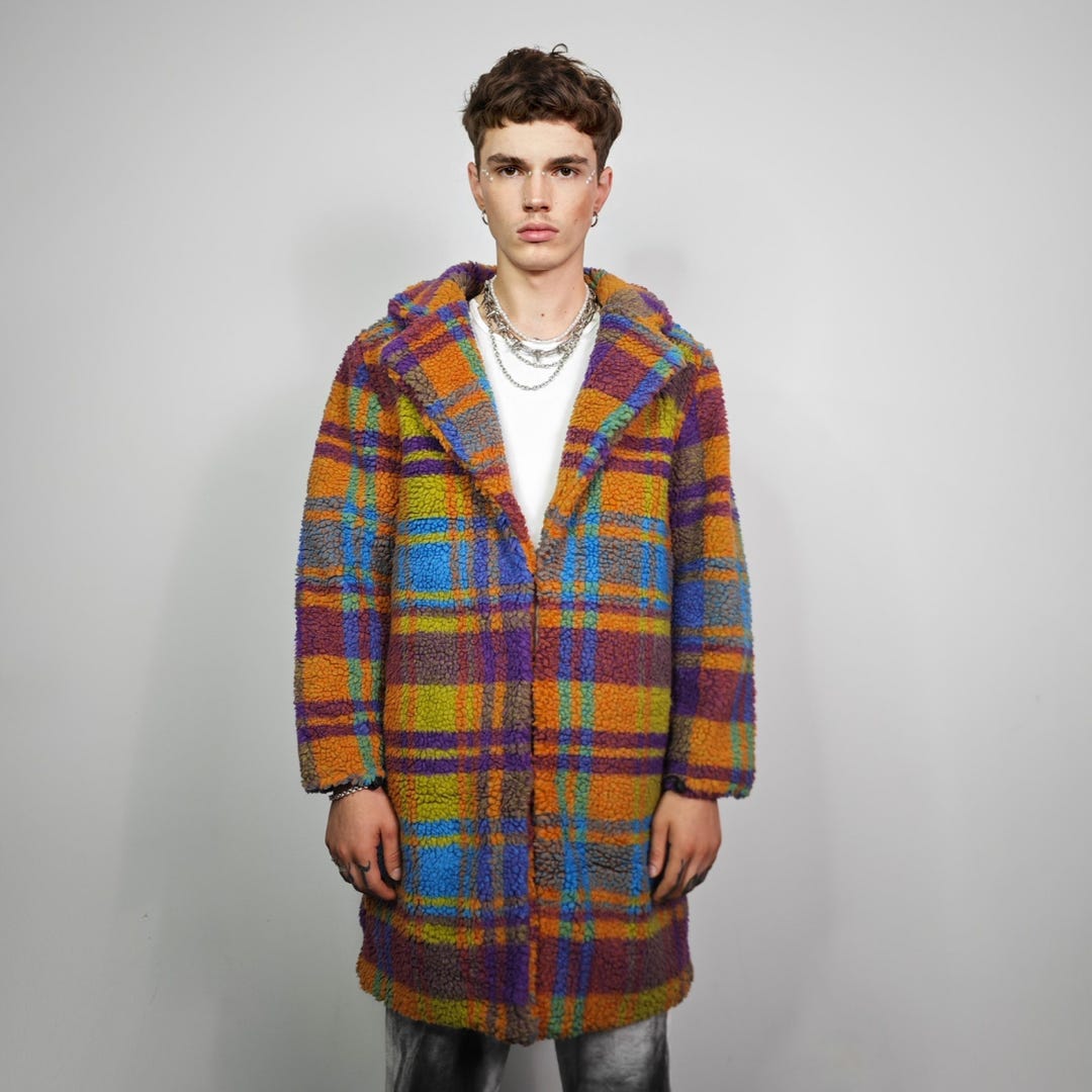 Rainbow Plaid Teddy Coat Checked Fleece Trench Unisex Oversize ...