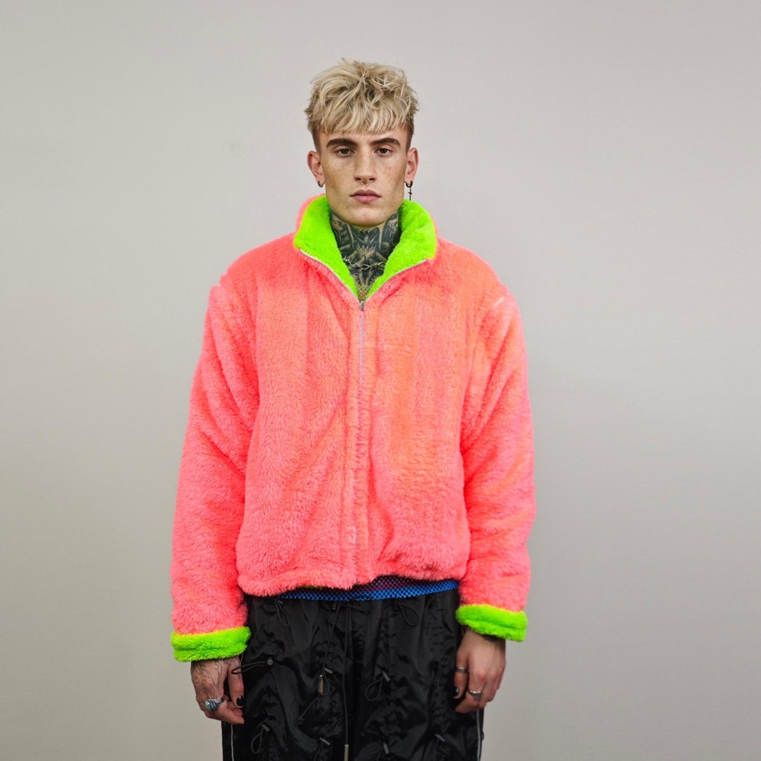 Neon Pink Fleece Rave Jacket Reversible Fluorescent Hooded Party Bomber ...