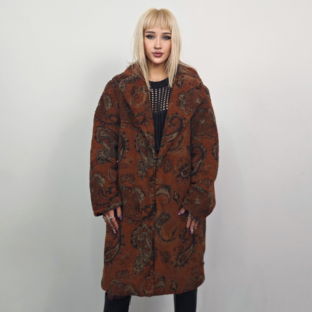 Paisley Fleece Trench Coat, Bandana Print Long Jacket, Brown Cashew ...