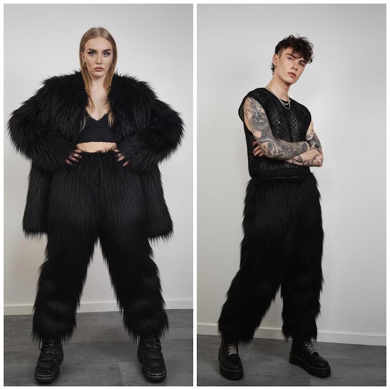 Black Faux Fur Joggers, Shaggy Rave Pants, Fluffy Burner Bottoms, Goth ...