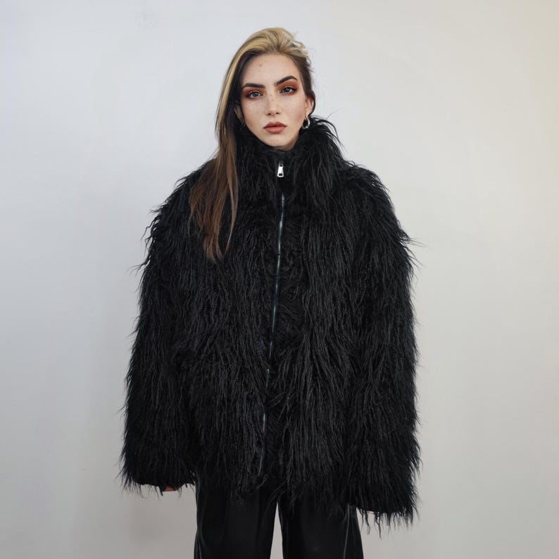 Shaggy Faux Fur Jacket Black Long Hair Fluffy Going Out Bomber Party ...