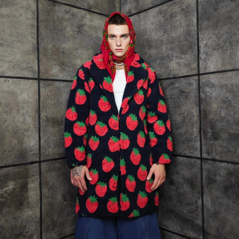 Retro Fleece Coat Red Black Strawberry Print Psychedelic Trench Rave ...
