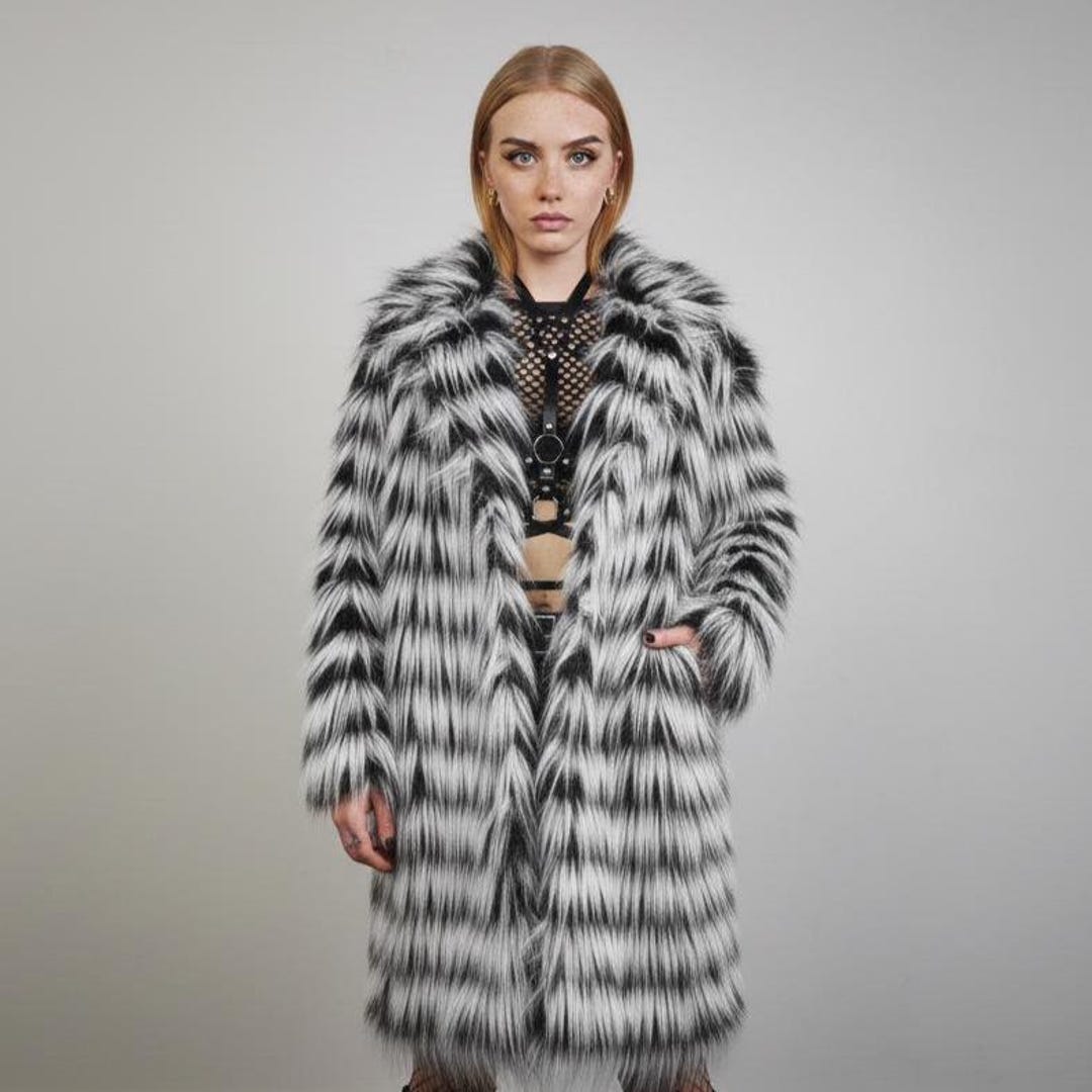Striped Shaggy Faux Fur Jacket, Black White Hooded Zebra Coat, Fluffy ...