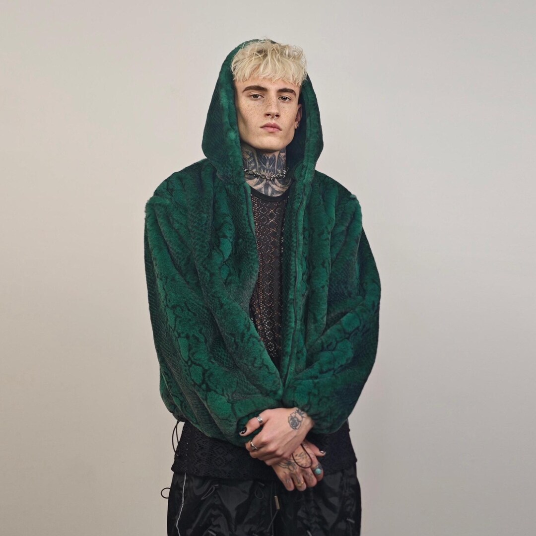 Snake Faux Fur Jacket Green Hooded Short Python Coat Crocodile Rave ...