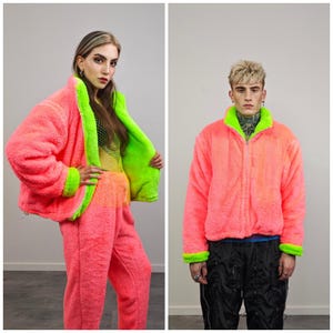Neon Green Fleece Rave Jacket Reversible Fluorescent Hooded Party ...
